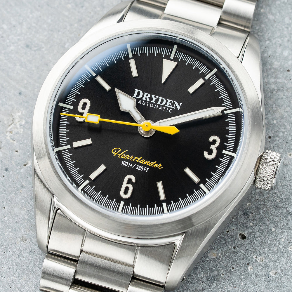 Dryden Heartlander 38mm Automatic Field Watch - Goldfinch – Dryden Watch Co