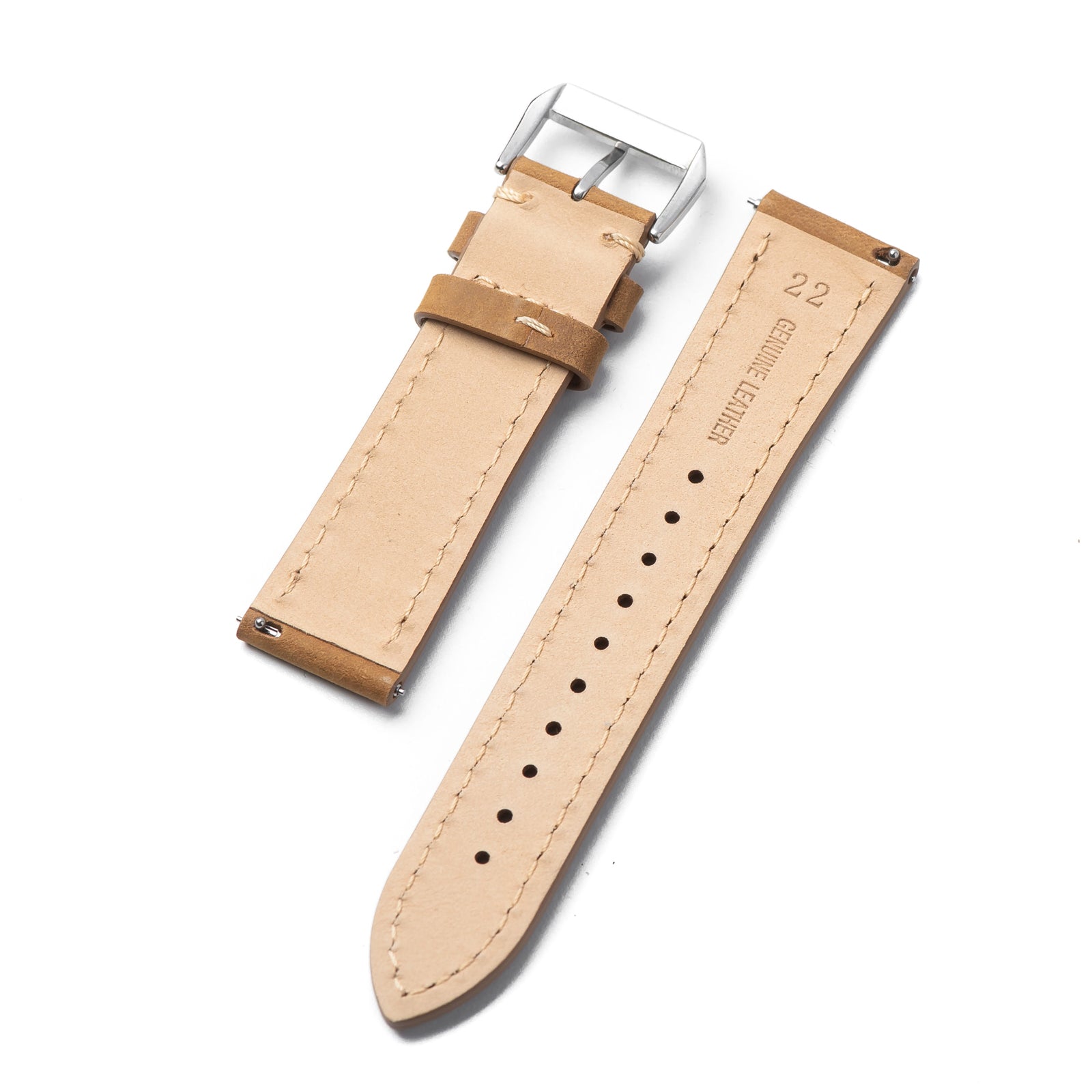 22mm Quick Release Full Stitch Leather Watch Strap - Tan Light Brown ...